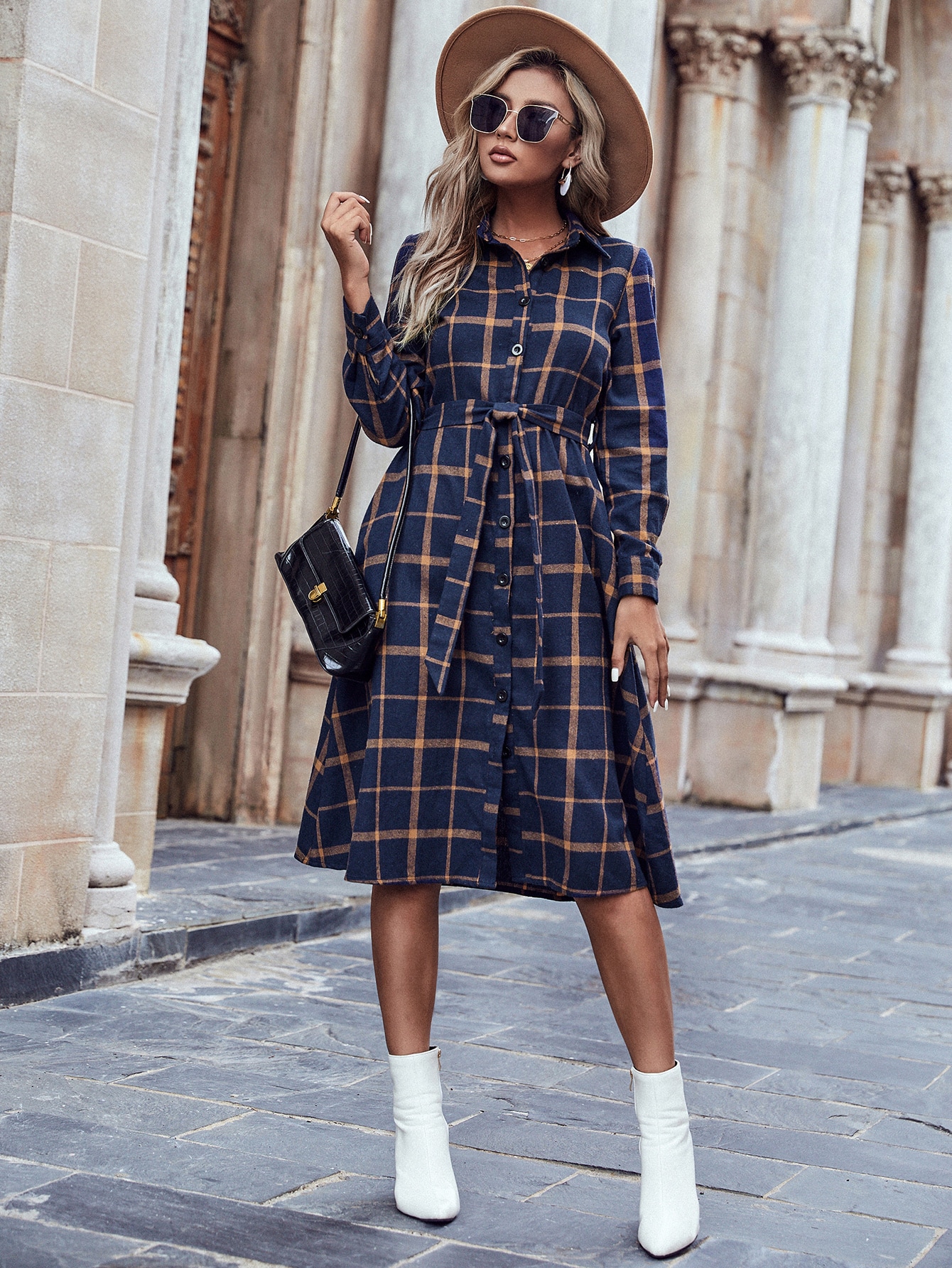 SHEIN LUNE Windowpane Print Belted Wool-Mix Shirt Dress | SHEIN UK