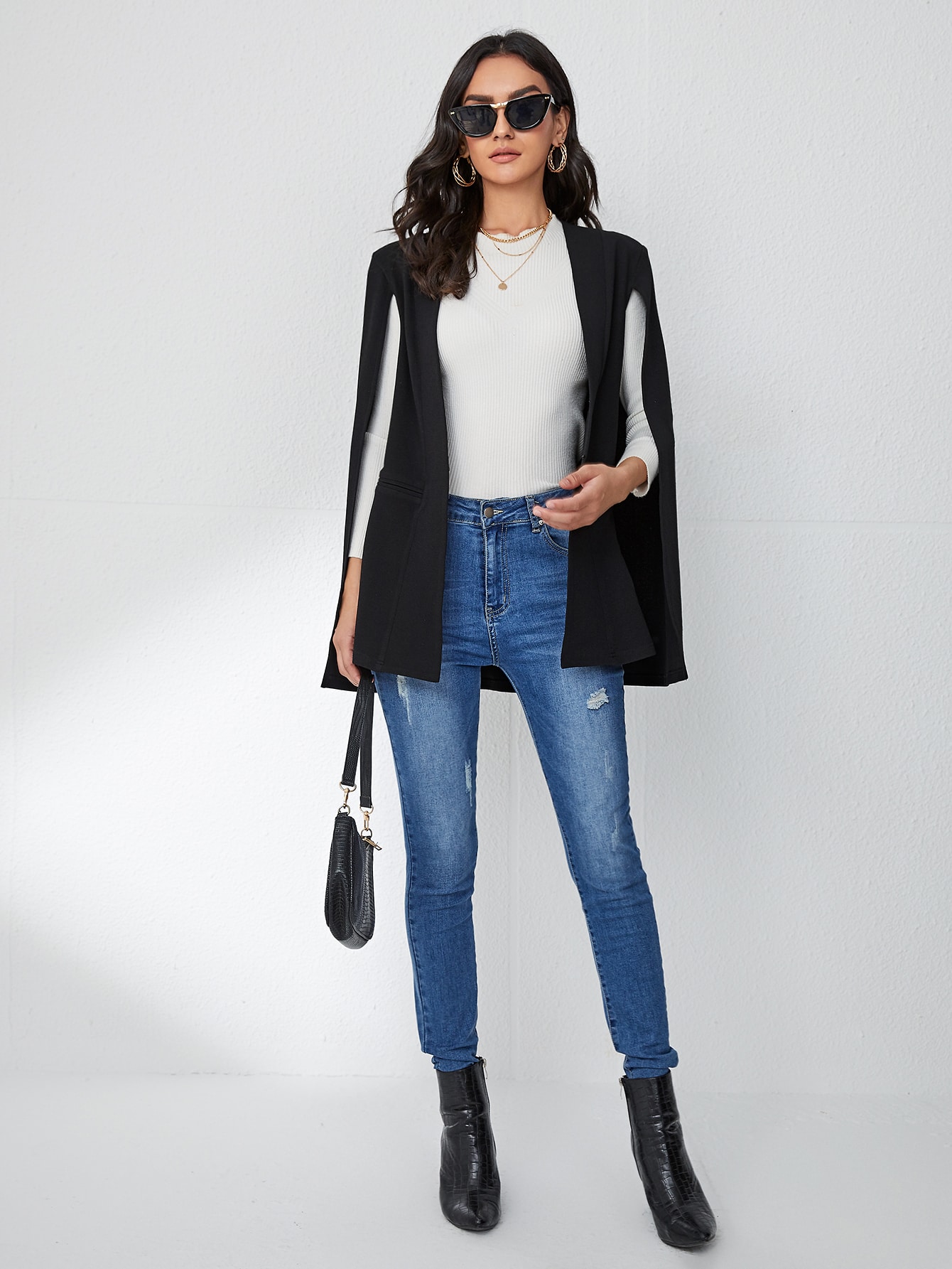 SHEIN BIZwear Solid Open Front Cloak Sleeve Blazer | SHEIN USA