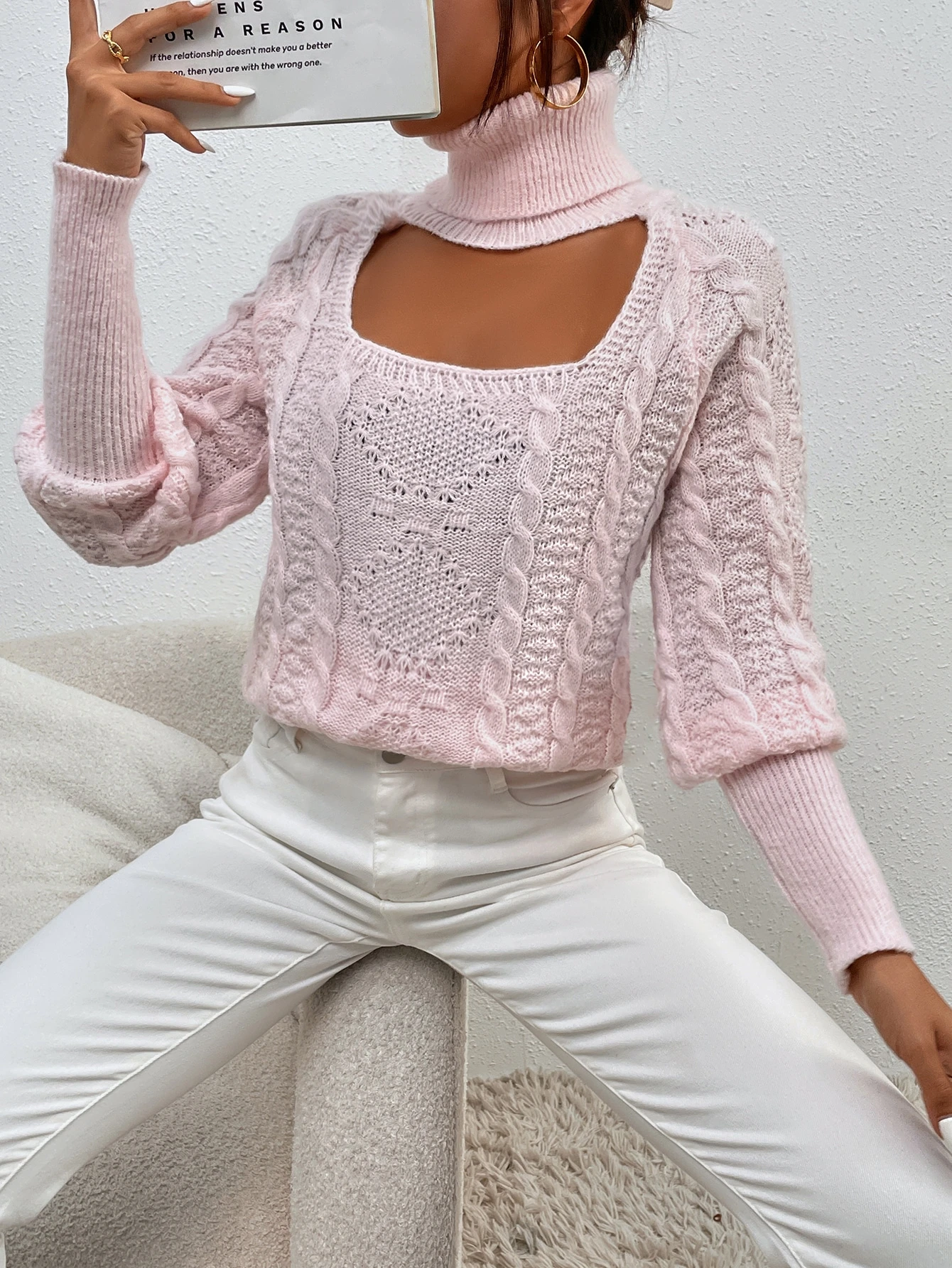 Cable Knit Cut Out High Neck Sweater | SHEIN USA