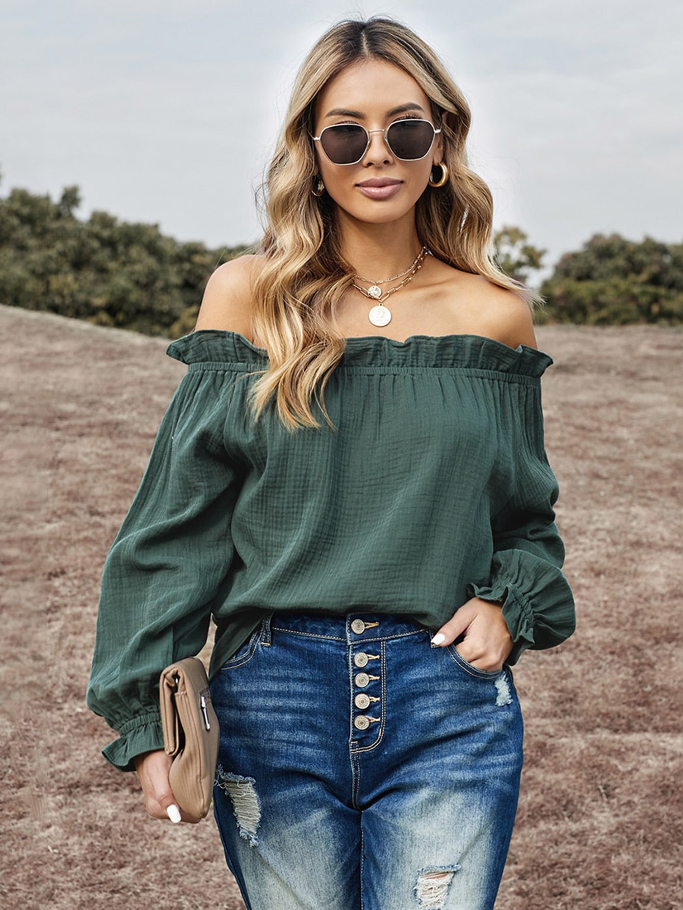 Solid Ruffle Trim Bardot Blouse