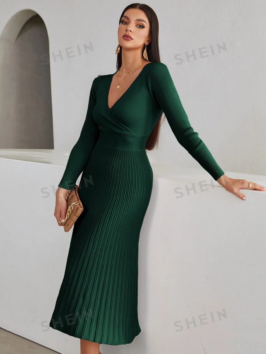 Shein Modely Surplice Neck Ribbed Knit Sweater Dress Shein Usa