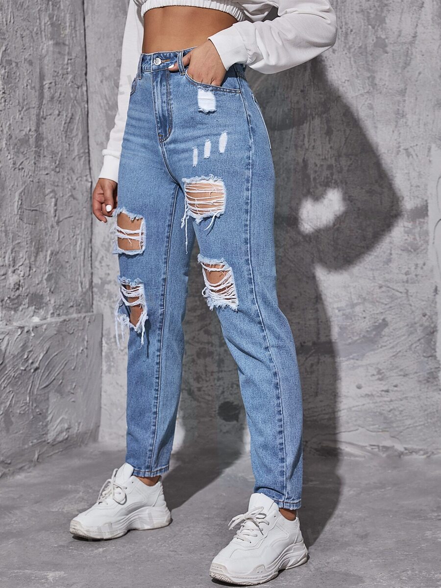 SHEIN EZwear Ripped Frayed Tapered Jeans | SHEIN UK