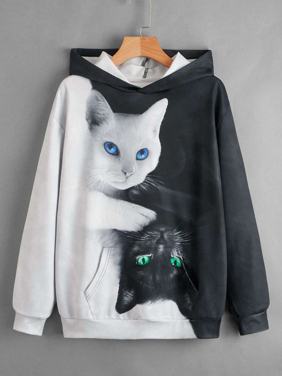 SHEIN EZwear 3D Cat Print Drop Shoulder Hoodie | SHEIN USA