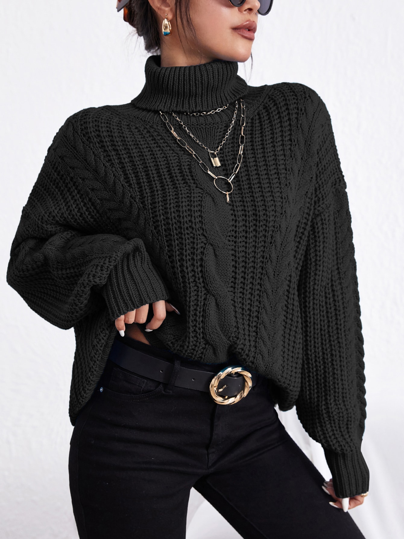 SHEIN Essnce Cable Knit Turtle Neck Sweater | SHEIN USA