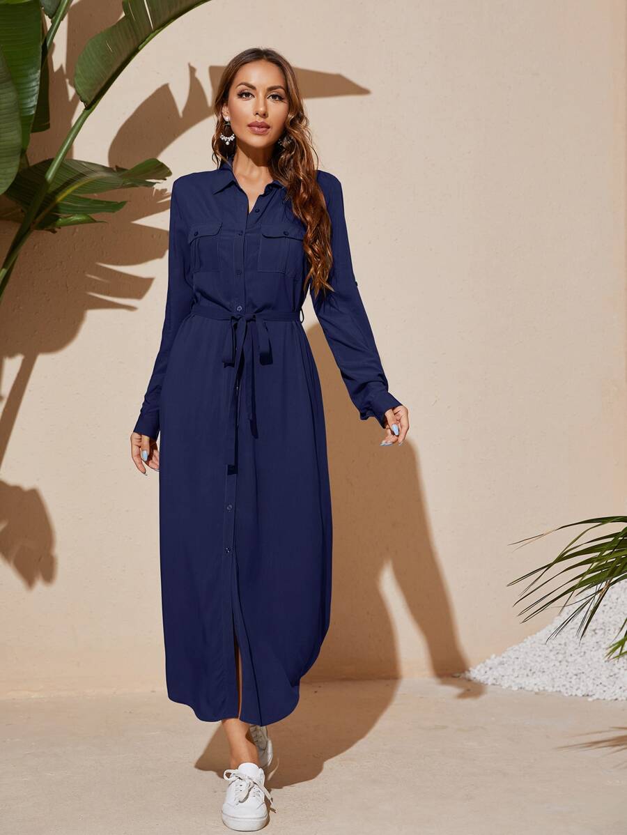 SHEIN Mulvari Roll Up Sleeve Flap Pocket Belted Shirt Dress Maxi Women ...