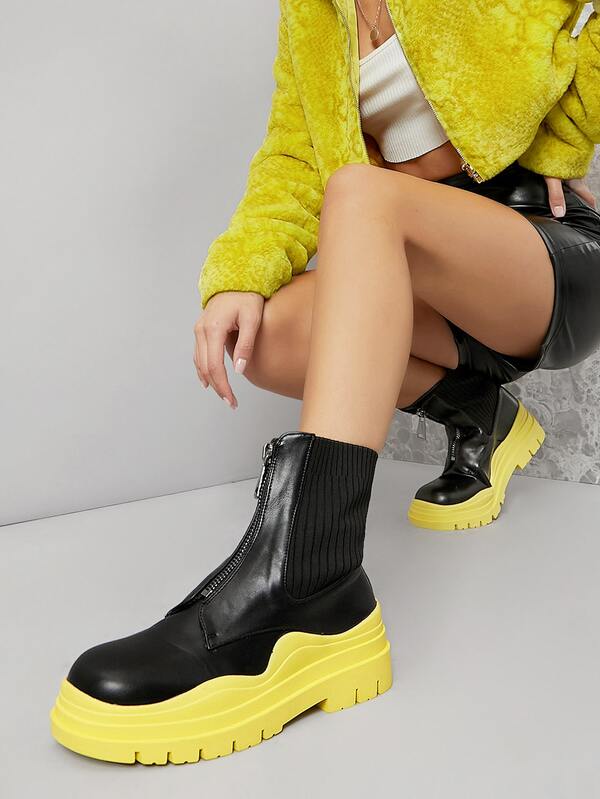 Pleather Zip-Up Front Ribbed Chunky Ankle Boots | SHEIN USA