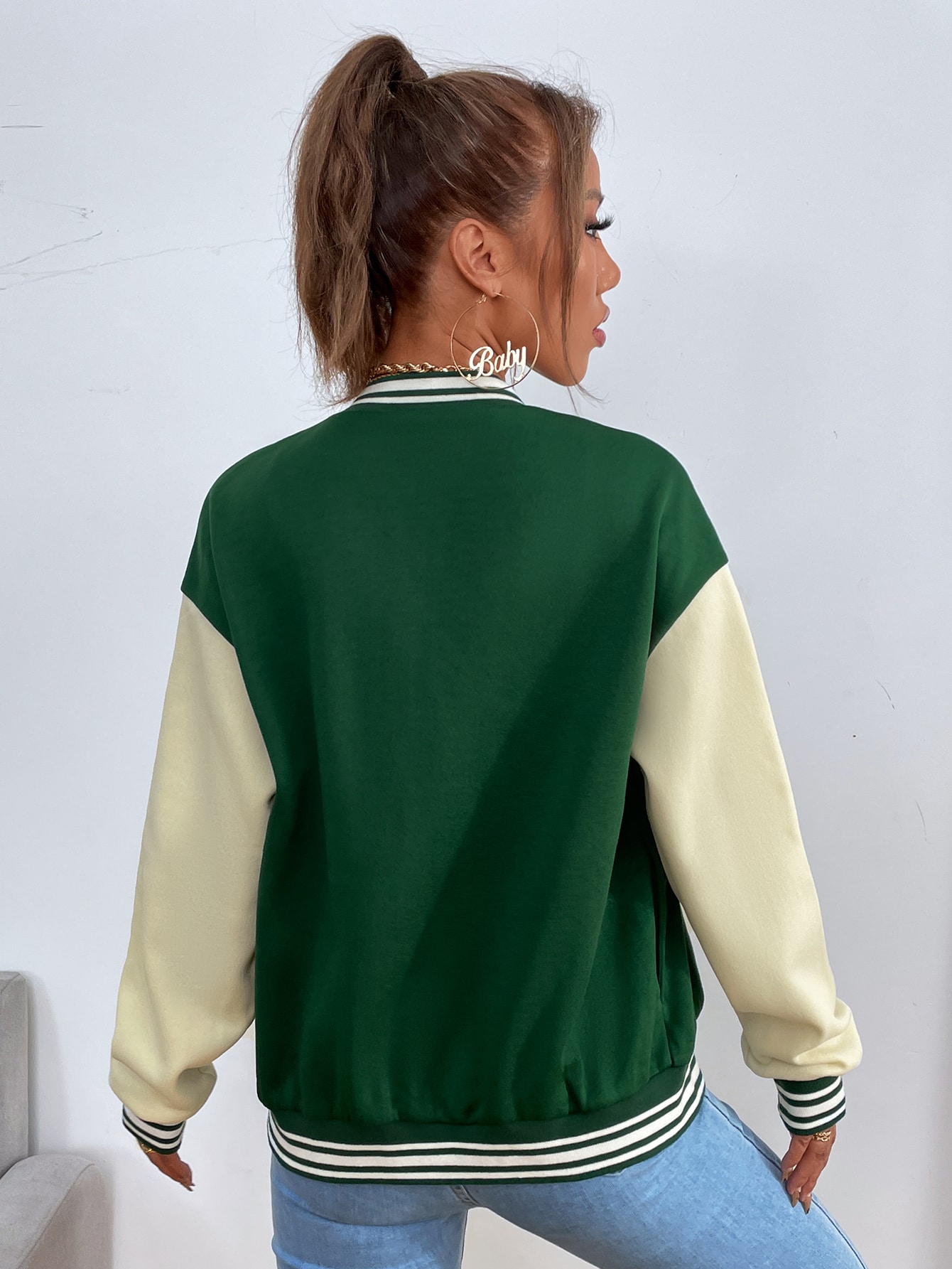 SHEIN EZwear Slogan Graphic Drop Shoulder Varsity Jacket | SHEIN USA