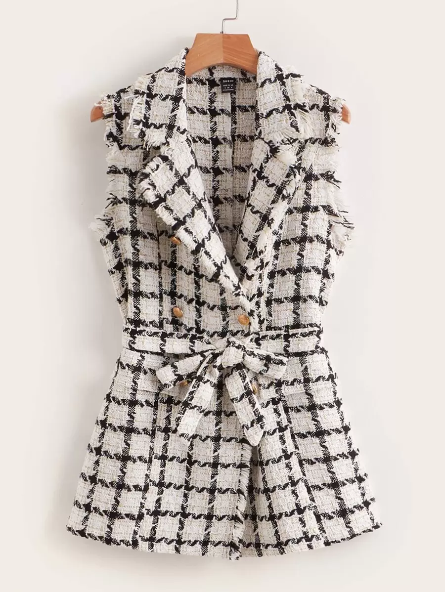 SHEIN Clasi Plaid Pattern Raw Trim Belted Tweed Vest Overcoat | SHEIN USA