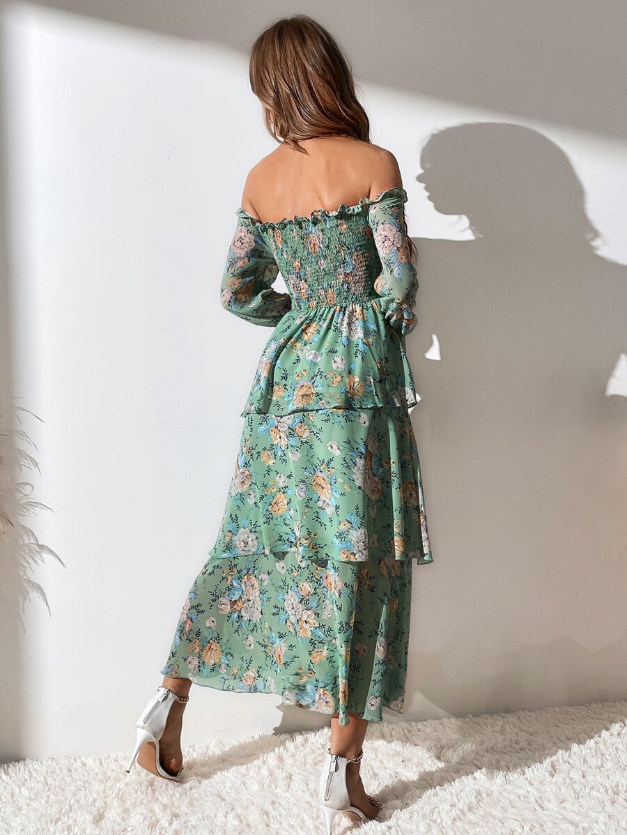 Shein Mulvari Allover Floral Print Off The Shoulder Shirred Layered Hem