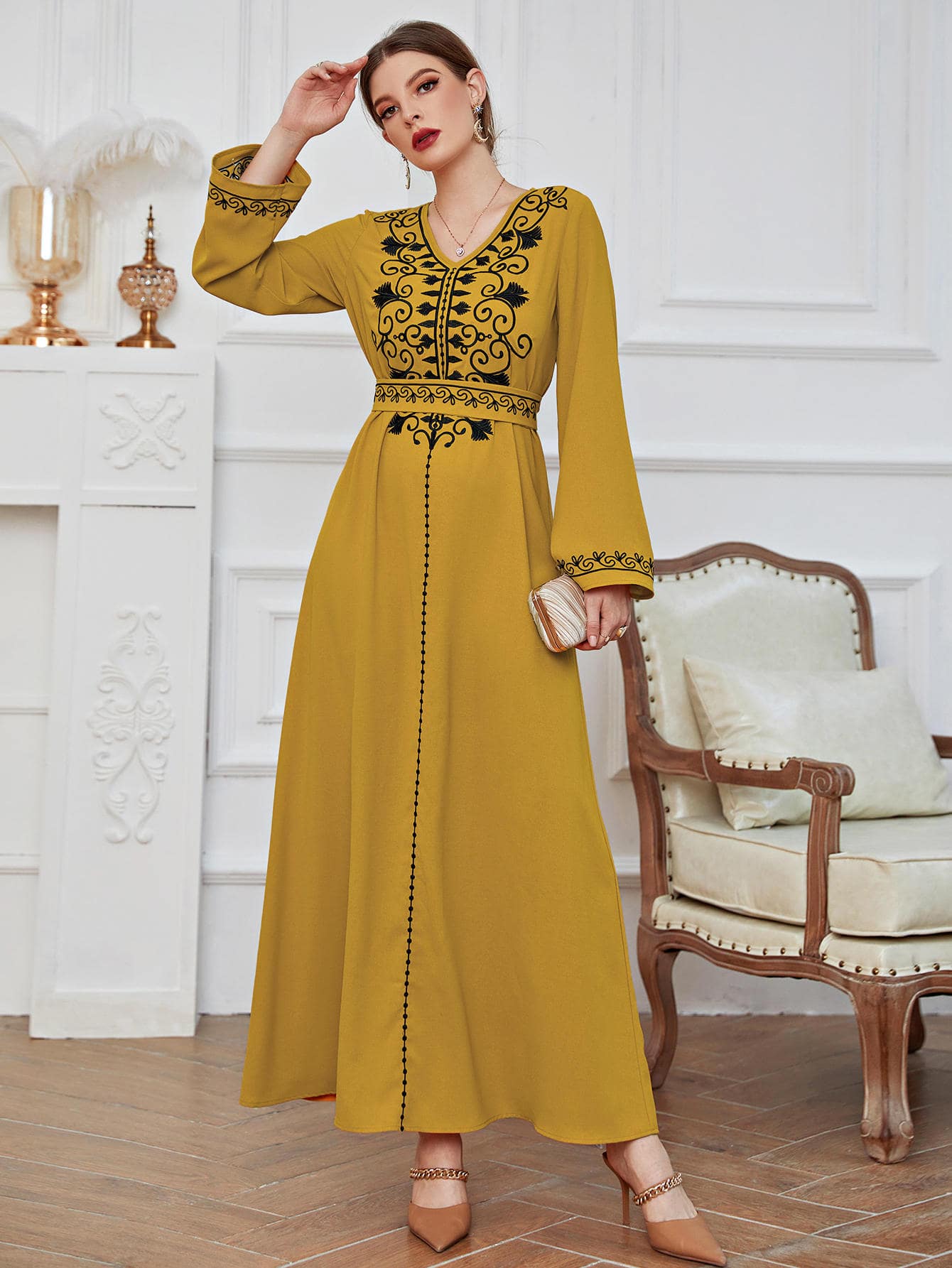 Al Najma Embroidery Belted Maxi Dress | SHEIN USA