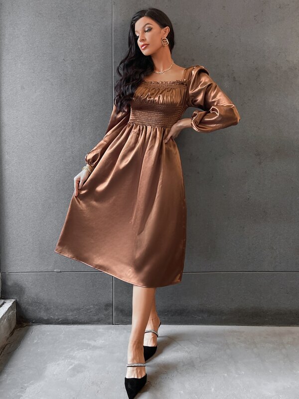 Lantern Sleeve Frill Trim Shirred Satin Dress | SHEIN EUR