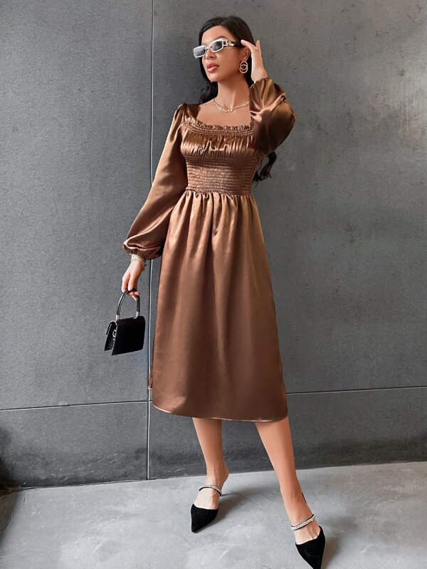 Lantern Sleeve Frill Trim Shirred Satin Dress | SHEIN EUR