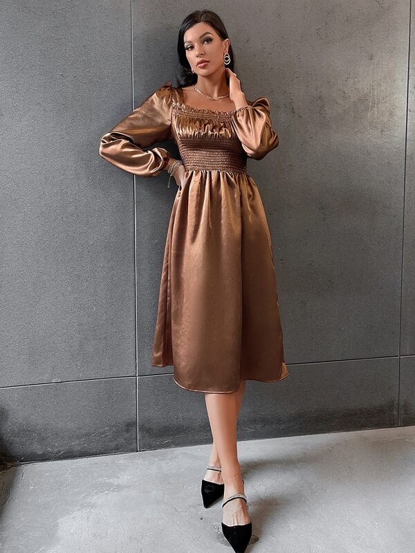 Lantern Sleeve Frill Trim Shirred Satin Dress | SHEIN EUR