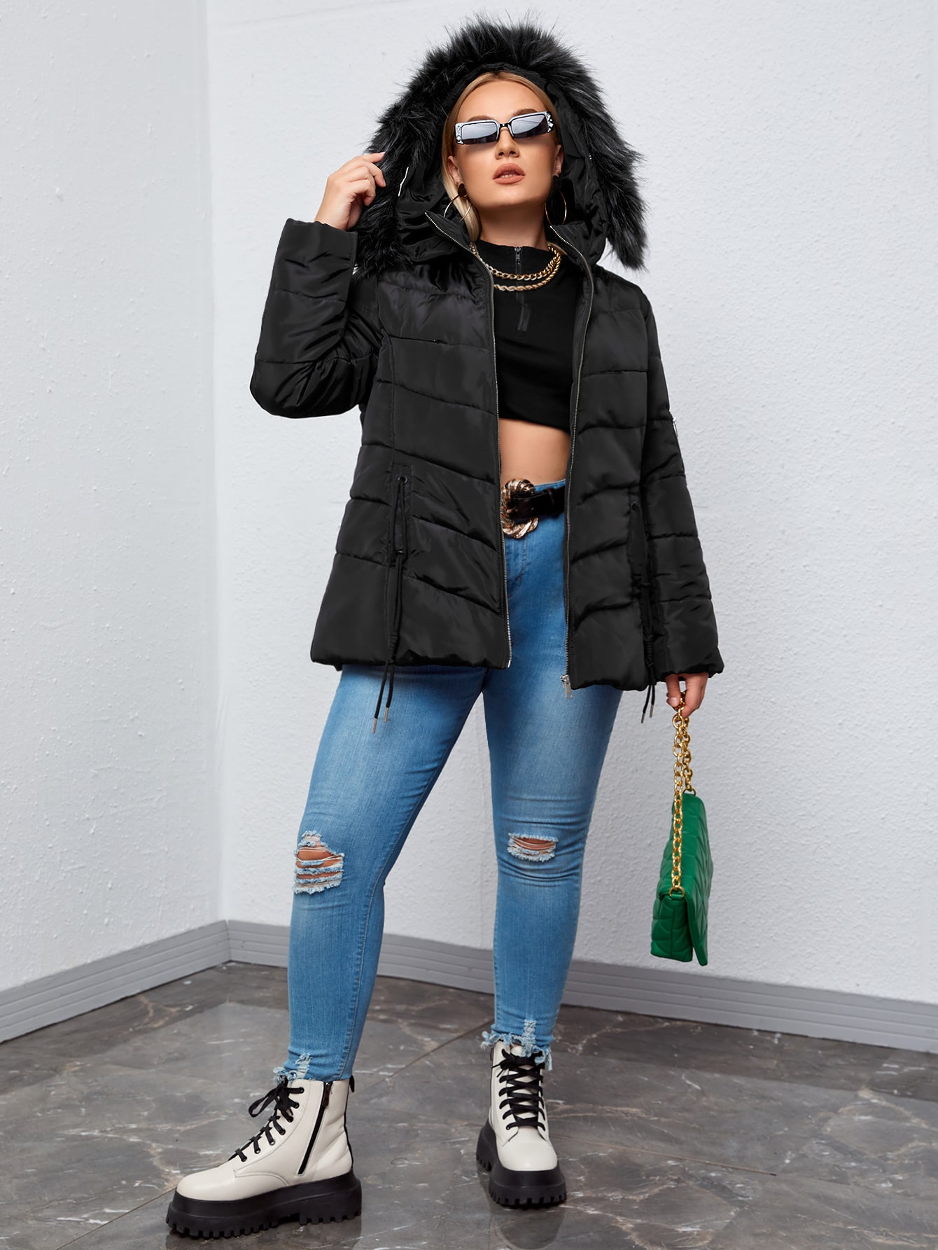 SHEIN Essnce Plus Fuzzy Trim Hooded Puffer Coat | SHEIN USA