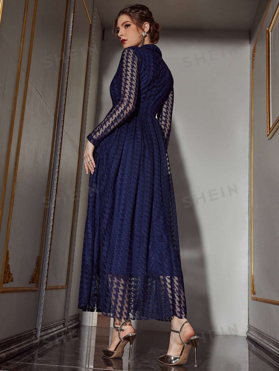 SHEIN Belle Houndstooth Pattern Single Breasted Lace Dress | SHEIN UK