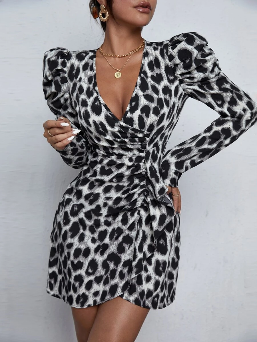 SHEIN Privé Leopard Print Gigot Sleeve Ruffle Trim Wrap Dress | SHEIN USA