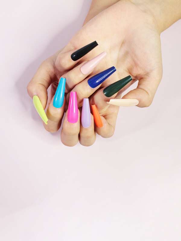 Elevate Your Style with 200pcs long Coffin Solid Color Fake Nail ...