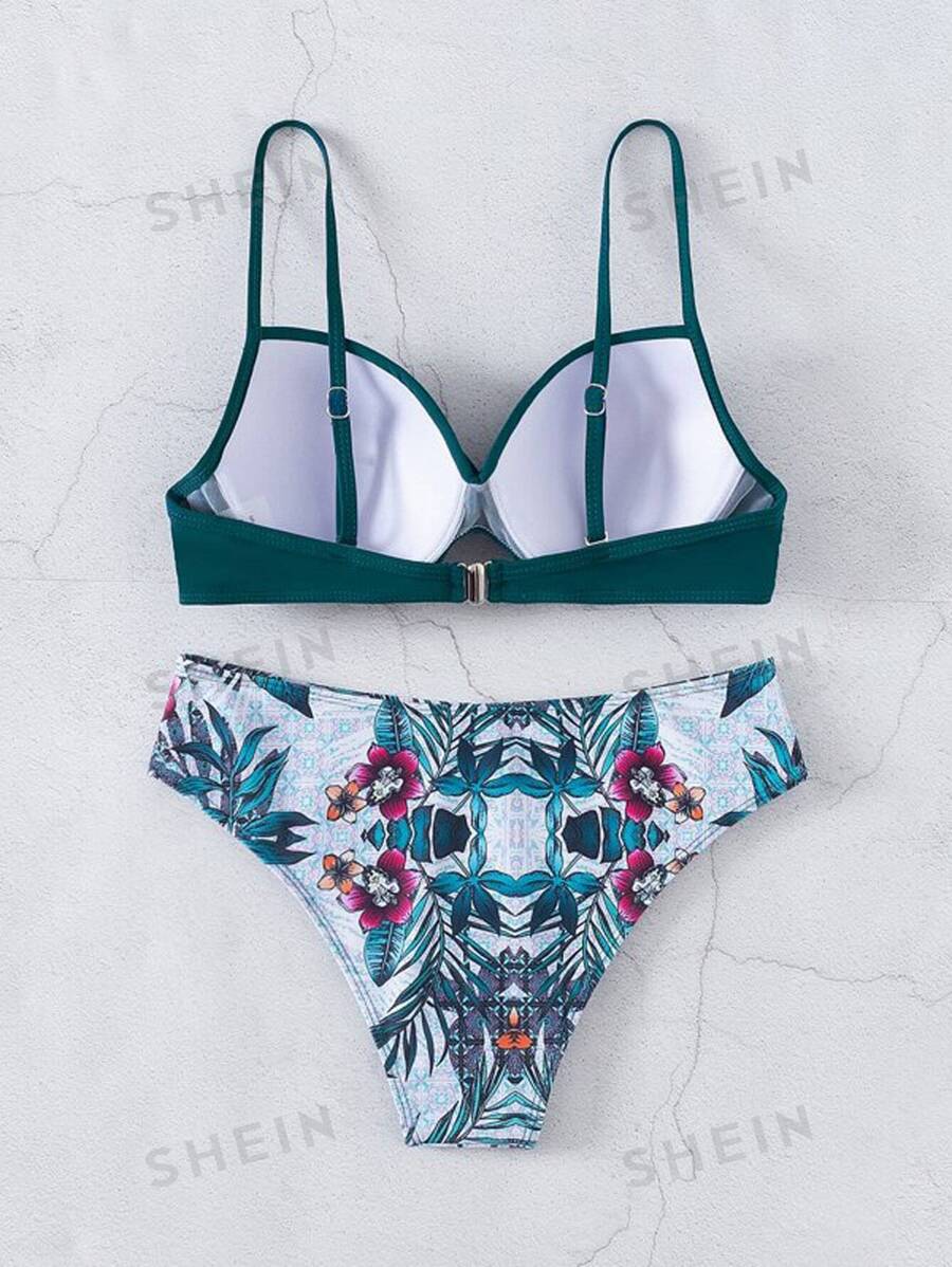 Shein Swim Tropical Conjunto De Biquíni Torção Flexão Fivela Voltar