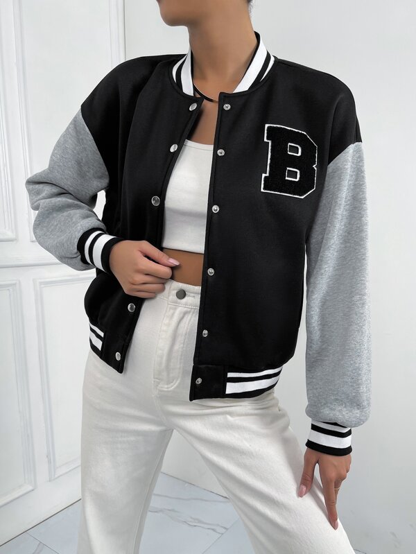 Shein Ezwear Letter Patched Striped Trim Drop Shoulder Varsity Jacket