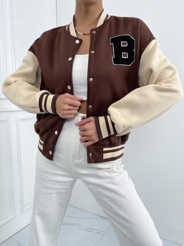 Shein Ezwear Letter Patched Striped Trim Drop Shoulder Varsity Jacket