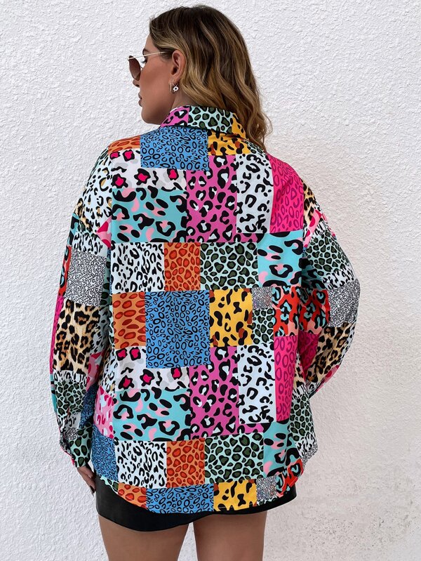 SHEIN Privé Plus Leopard Patchwork Button Up Shirt | SHEIN UK