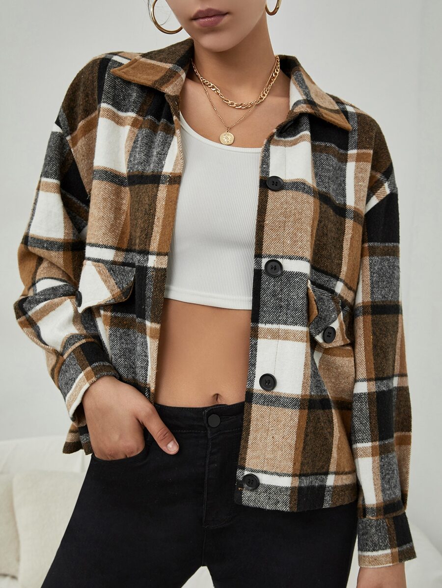 SHEIN MOOSTA Plaid Print Drop Shoulder Jacket | SHEIN USA