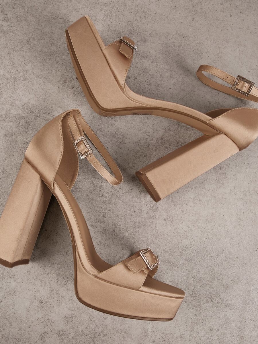 Satin Rhinestone Decor Platform Block Heels | SHEIN USA