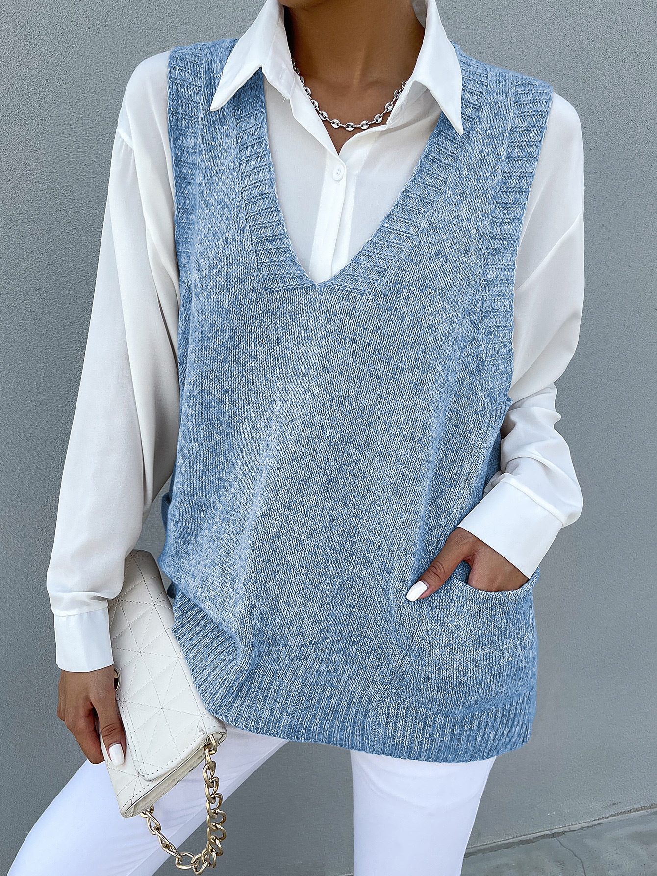 Marled Knit Dual Pocket Sweater Vest Without Blouse