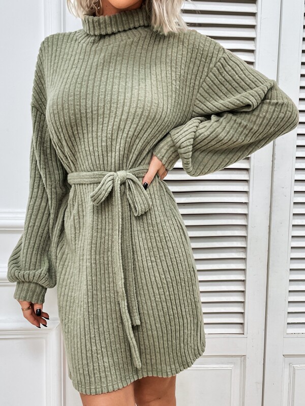 Solid Self Tie Rib-Knit Dress | SHEIN USA