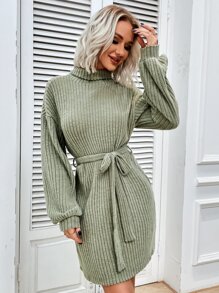 Solid Self Tie Rib-Knit Dress | SHEIN USA