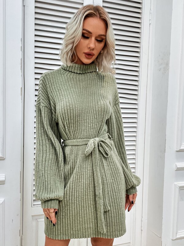 Solid Self Tie Rib-Knit Dress | SHEIN USA