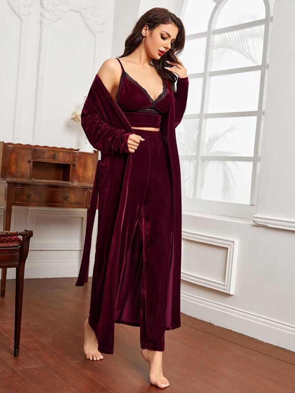 SHEIN Modely Drop Shoulder Belted Velvet Robe | SHEIN USA