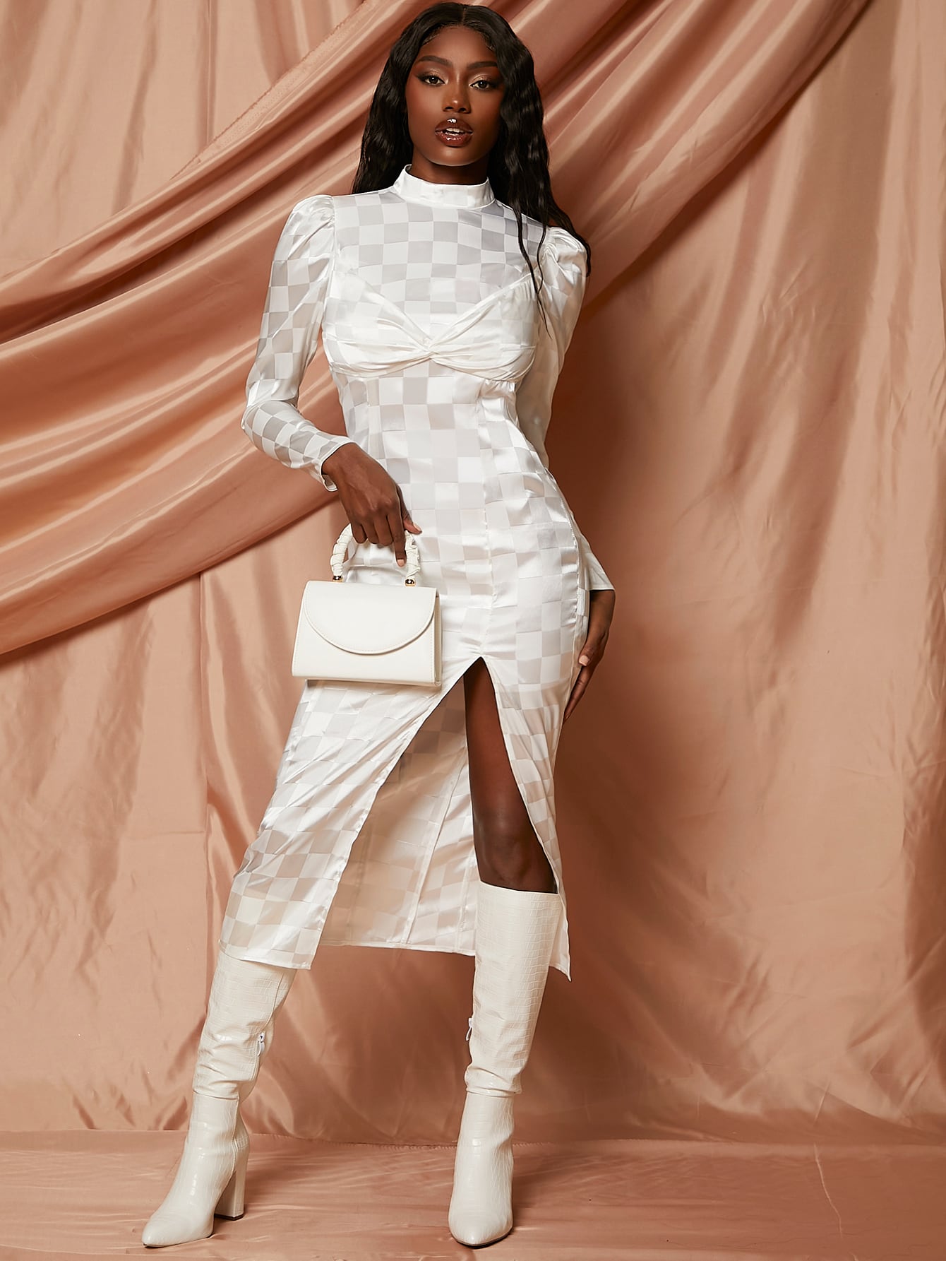 SHEINNeu Checker Pattern Mock Neck Twist Front Slit Thigh Dress | SHEIN USA