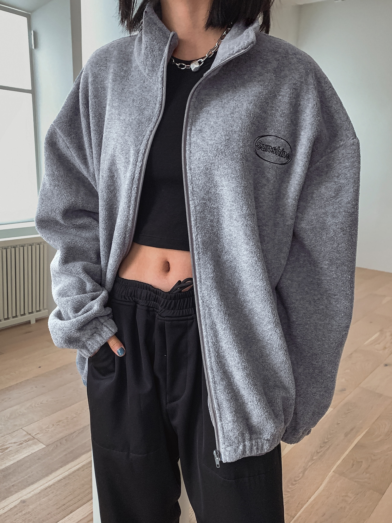 DAZY Letter Embroidery Drop Shoulder Jacket