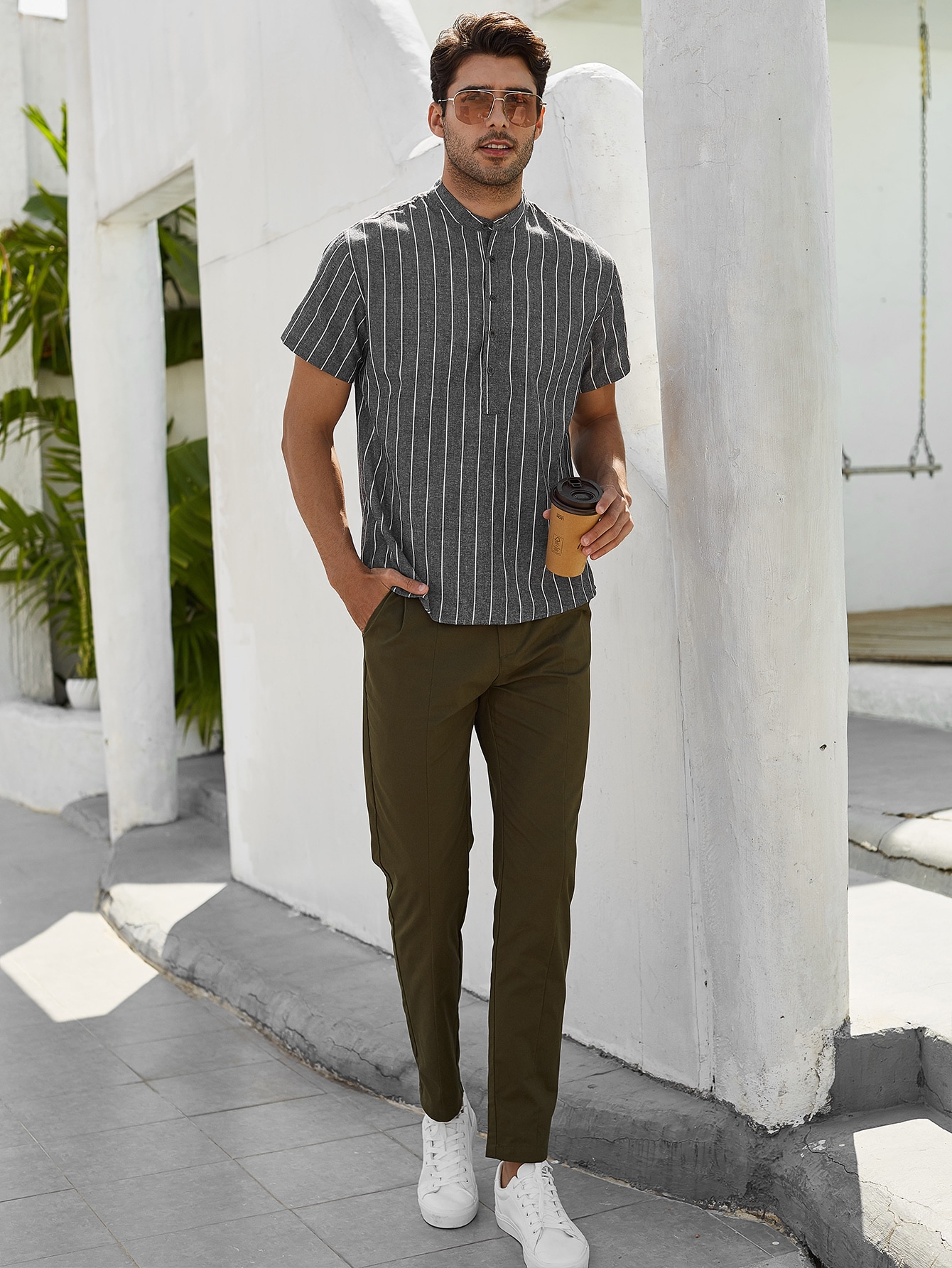 Manfinity Camisa Floja De Ajuste Vertical De Rayas Para Hombre Con ...