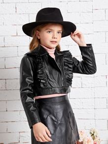 Girls Ruffle Trim PU Jacket | SHEIN USA