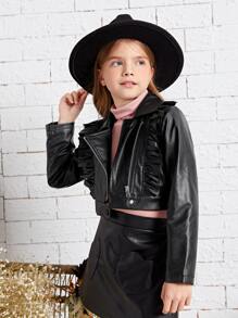 Girls Ruffle Trim PU Jacket | SHEIN USA
