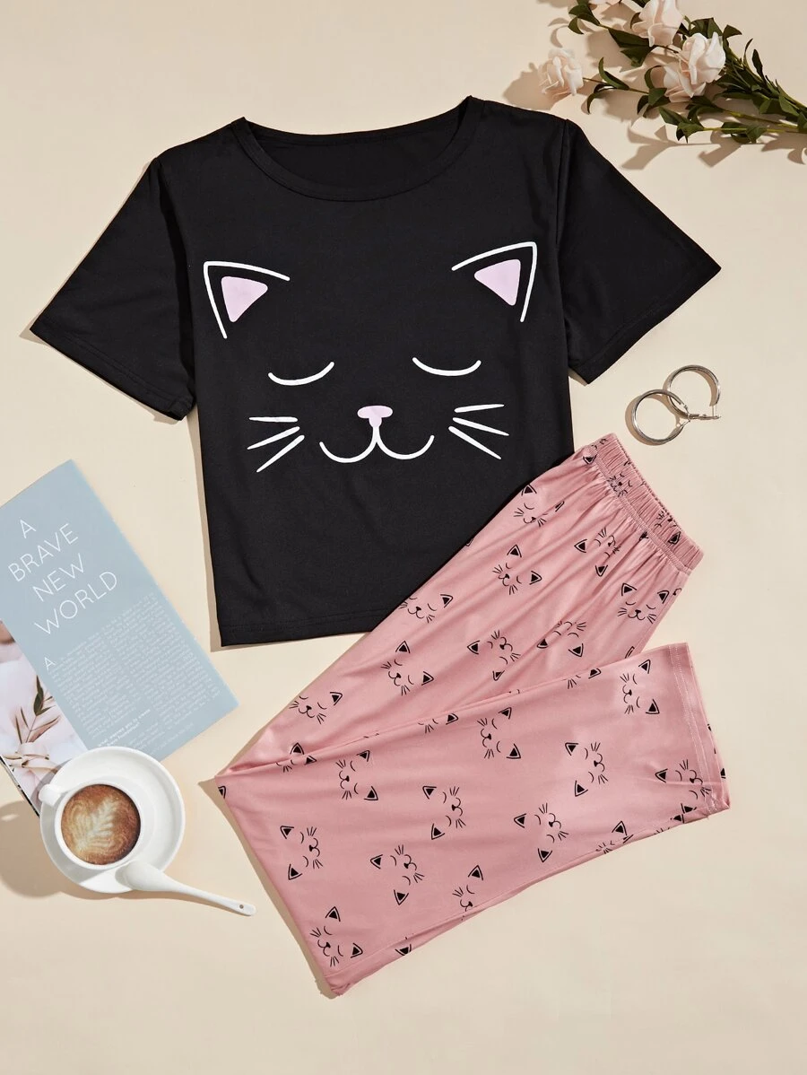 Cartoon Cat Print Pajama Set | SHEIN USA