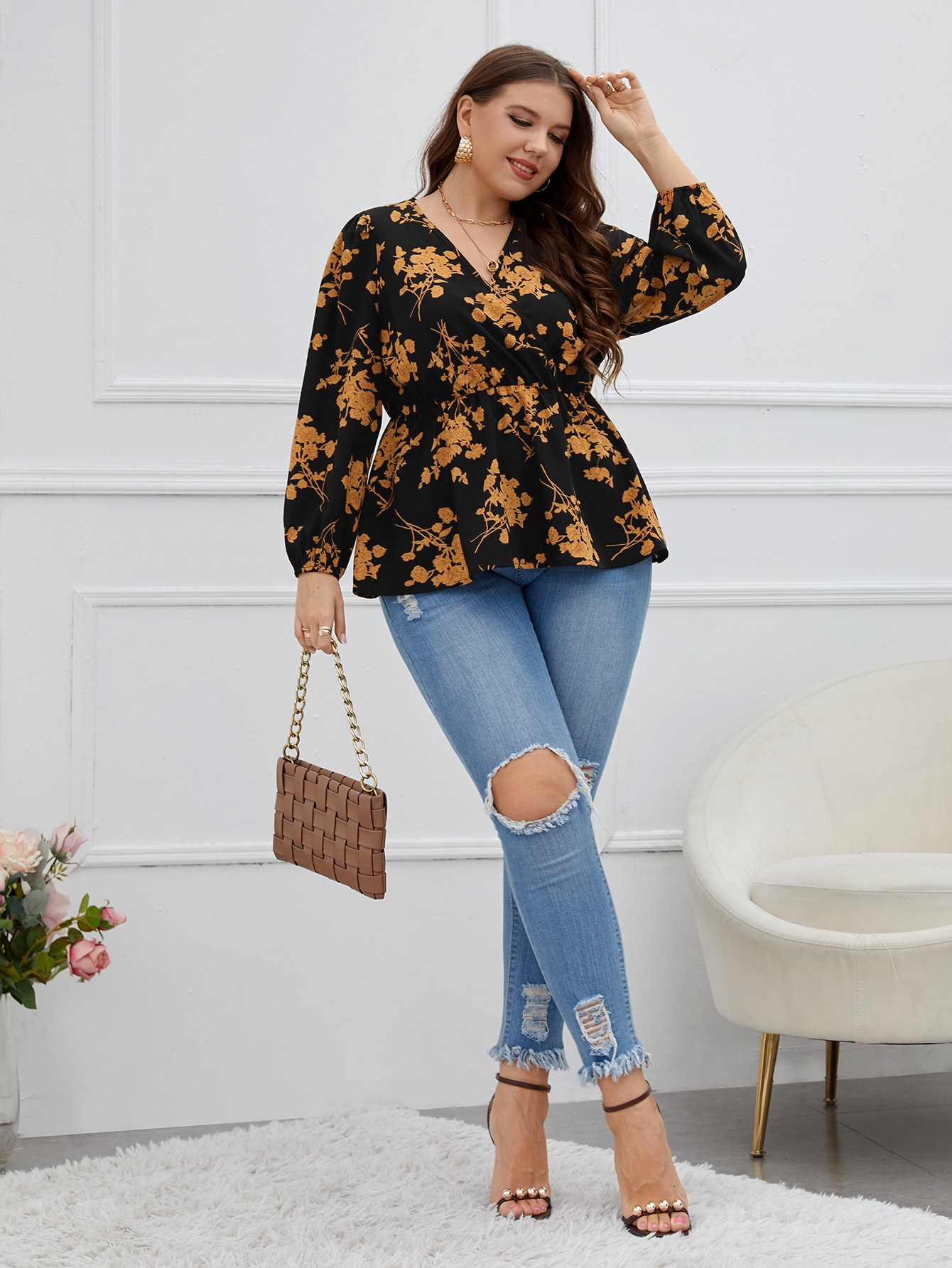Plus Allover Floral Print Bishop Sleeve Overlap Collar Peplum Hem