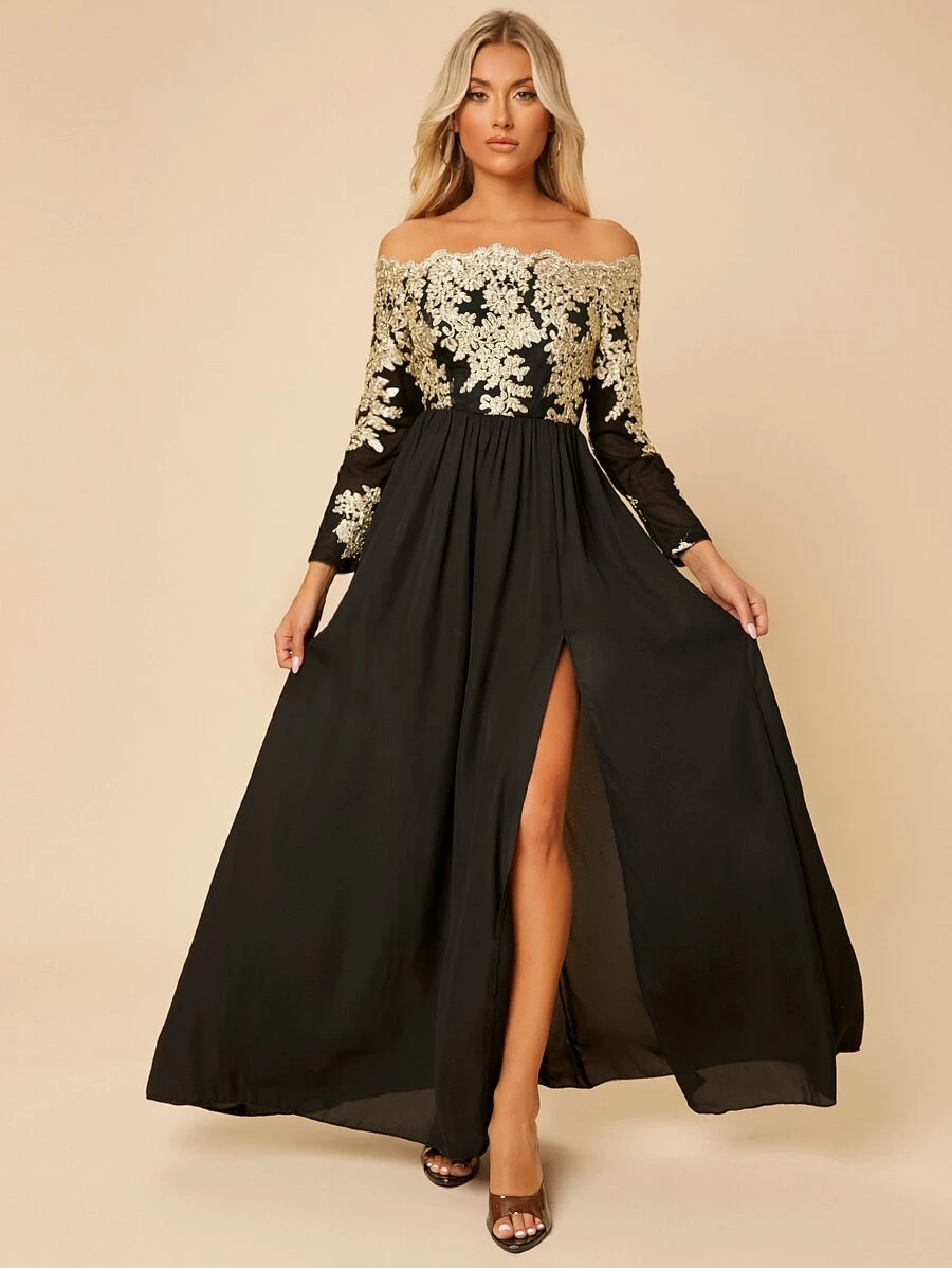 SHEIN PETITE Embroidery Split Thigh Bardot Prom Dress | SHEIN USA