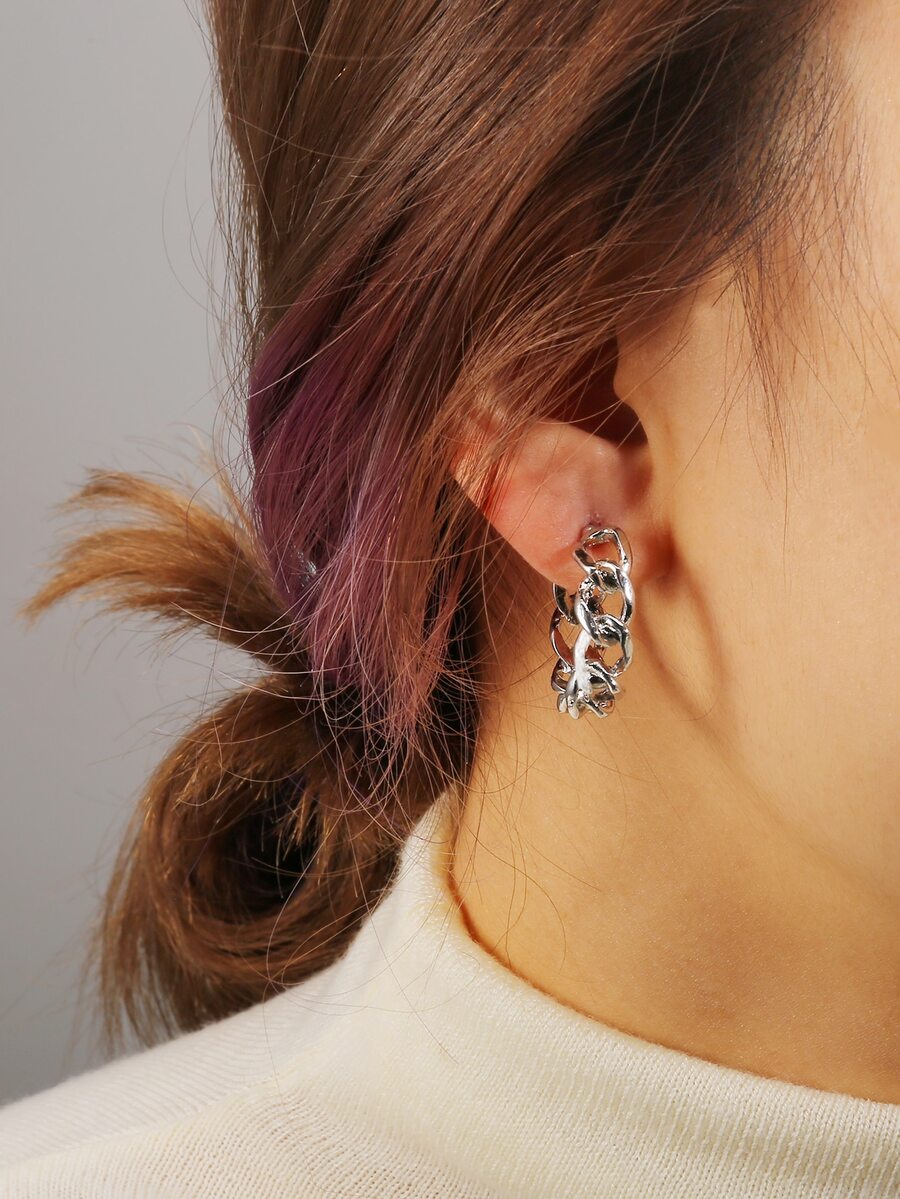 1pair Vintage European & American Style Chain Link Open Hoop Earrings For Women Daily Wear ...