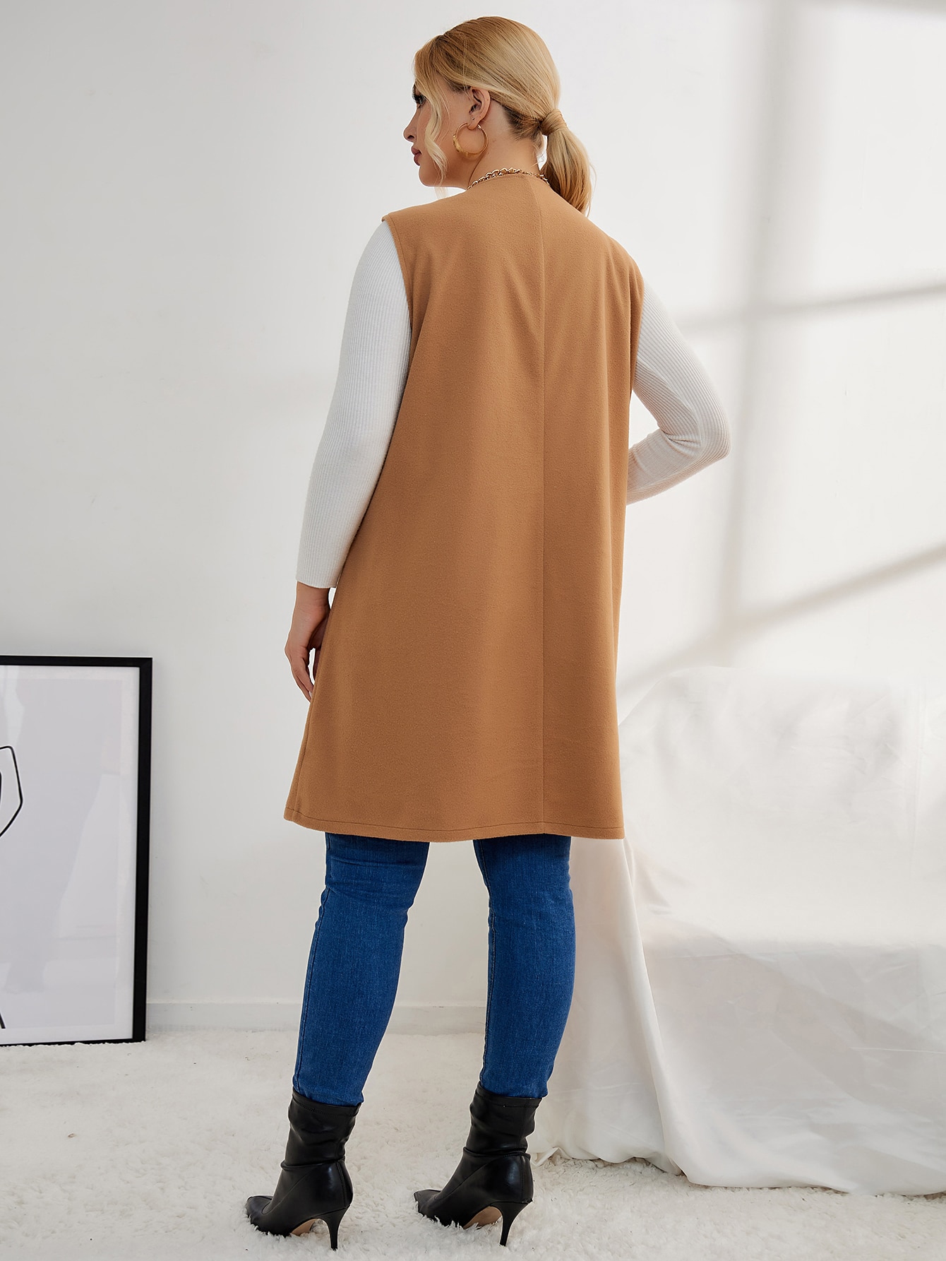 Plus Waterfall Collar Dual Pocket Vest Overcoat Shein Usa