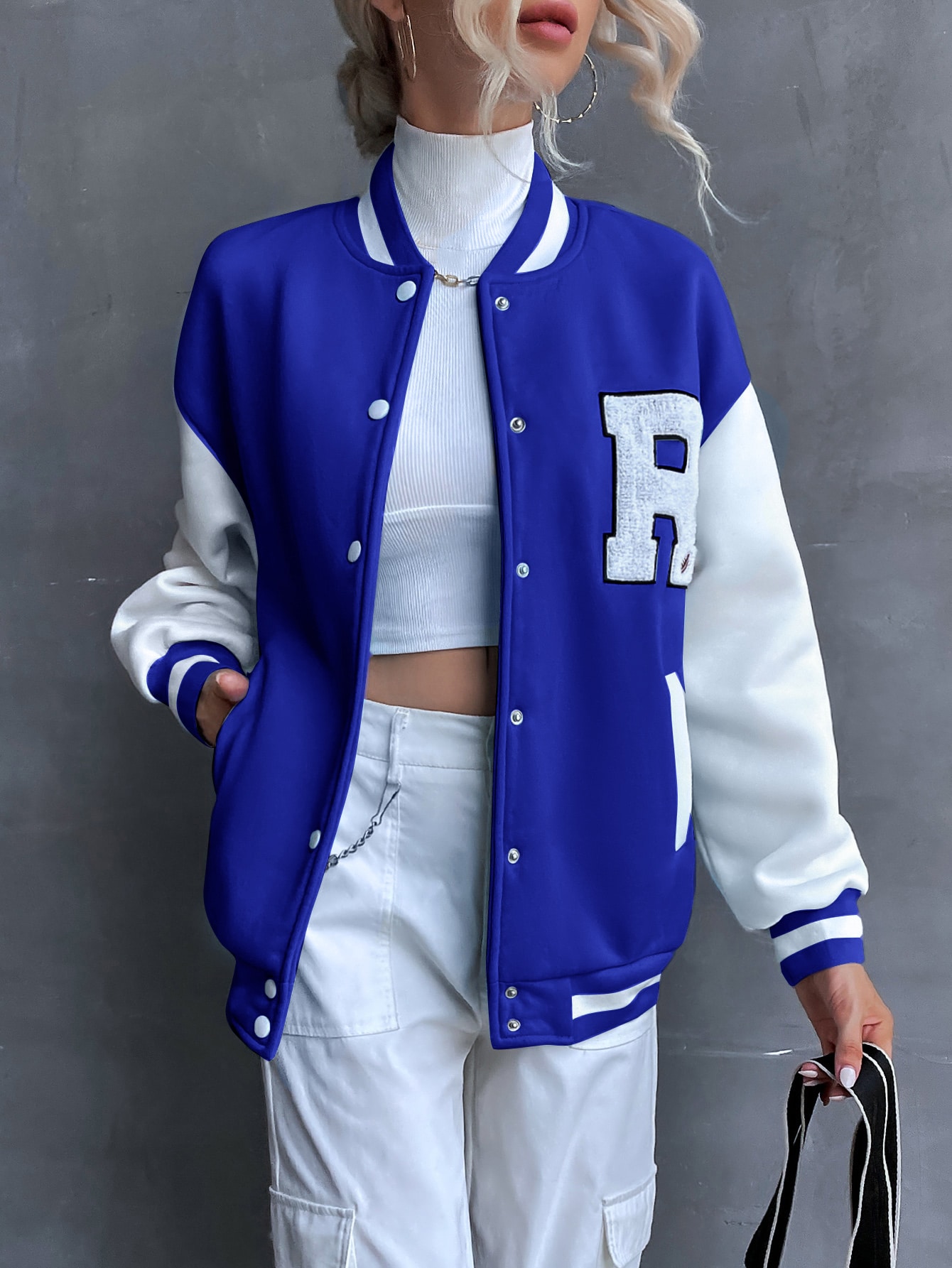Letter Patched Drop Shoulder Bomber Jacket