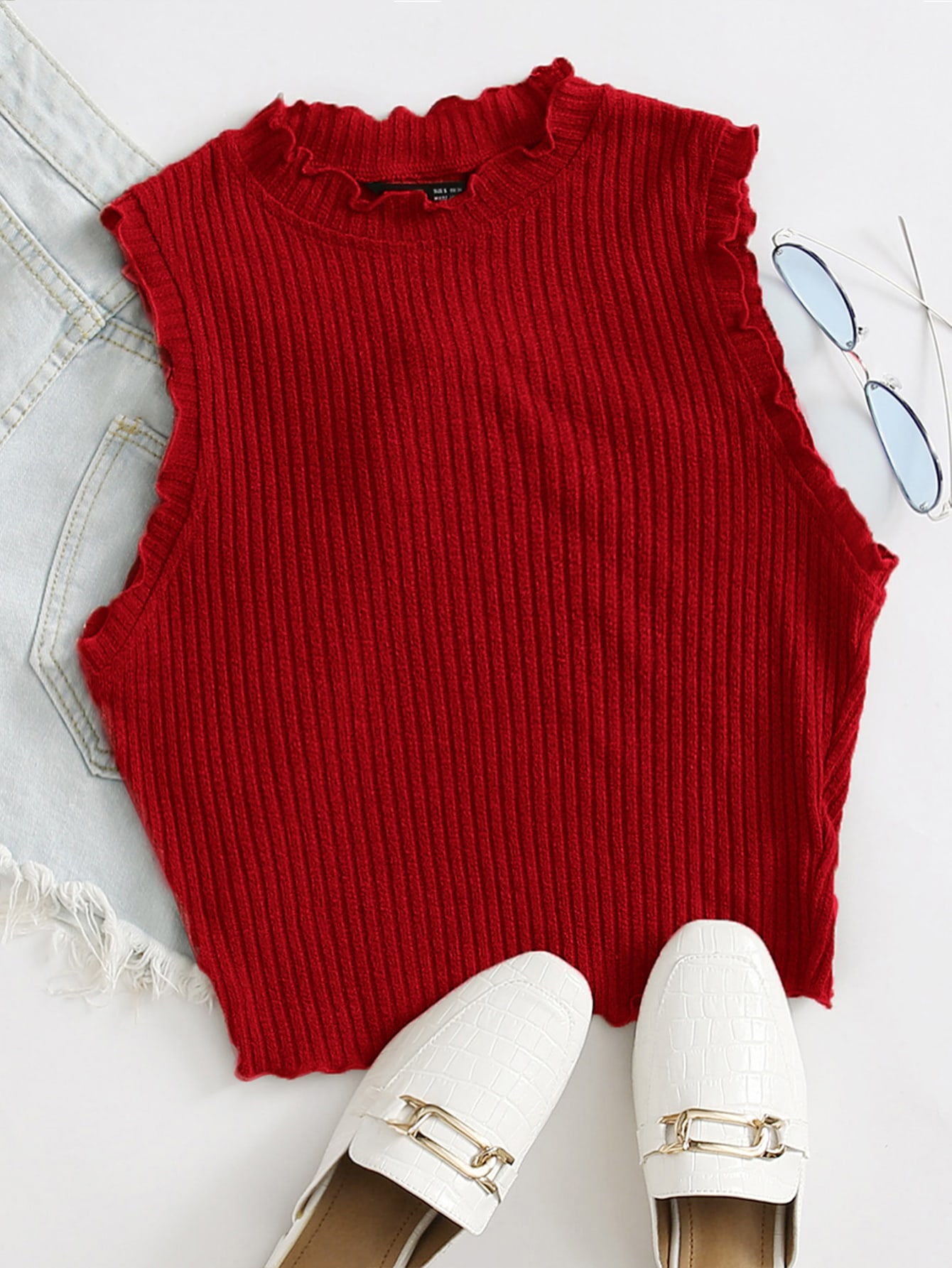 Shein Ezwear Top Tank Tejido De Canalé Ribete En Forma De Lechuga