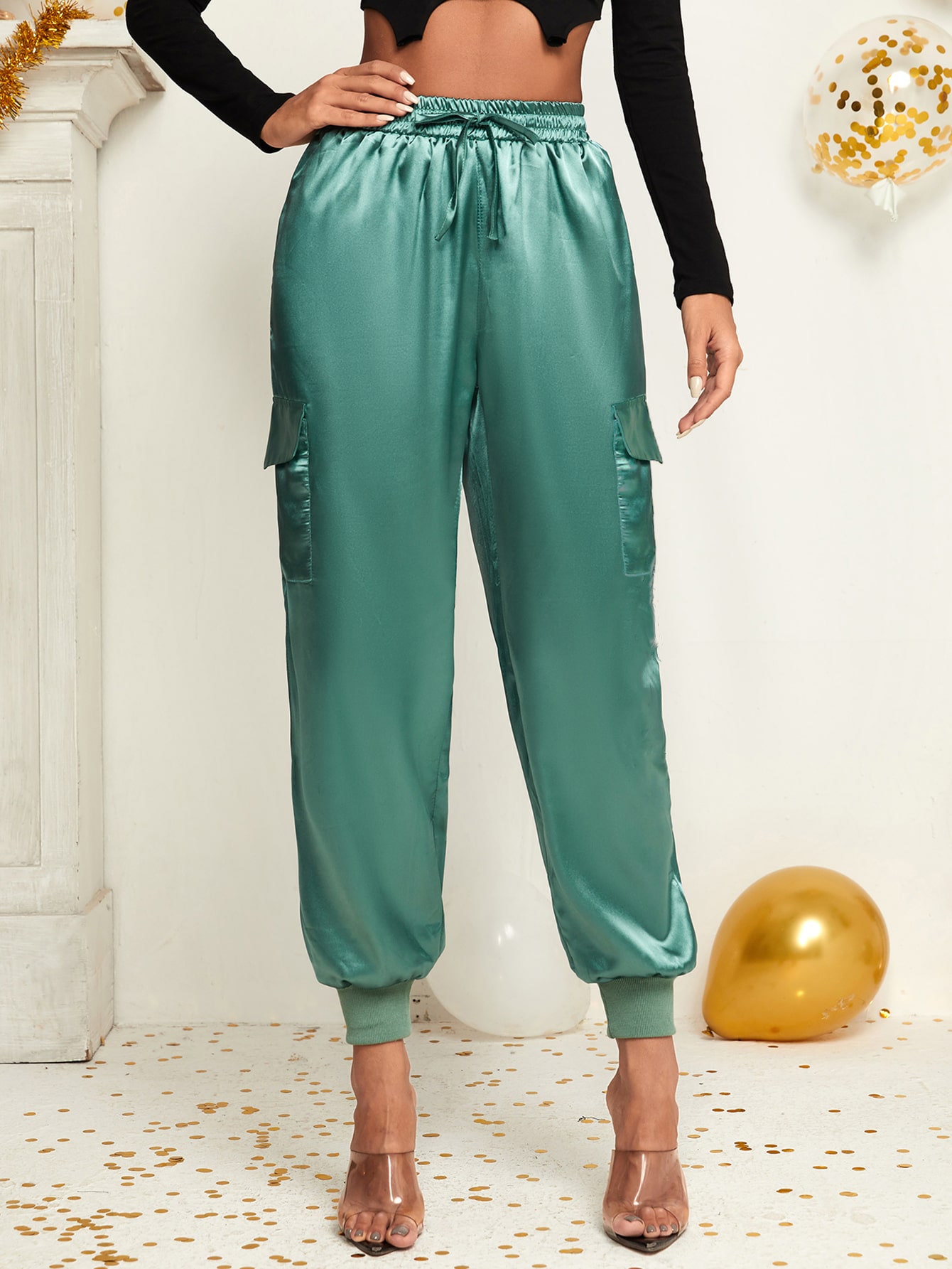 Flap Pocket Side Drawstring Waist Satin Joggers
