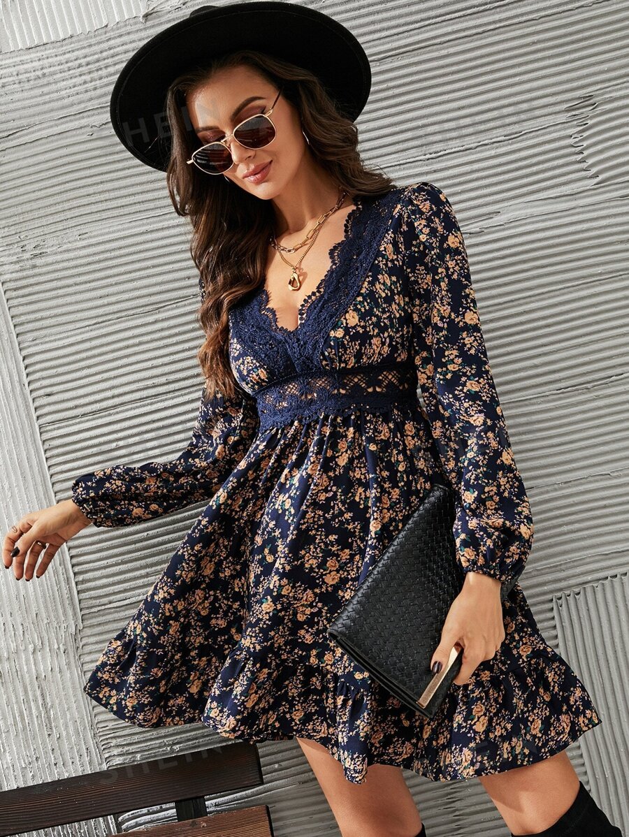 Shein Frenchy Ditsy Floral Print Guipure A Line Lace Insert V Neck