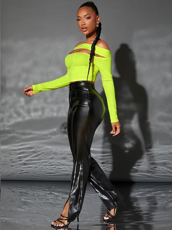 Shein Sxy Neon Lime Off Shoulder Cutout Crop Tee Shein Uk