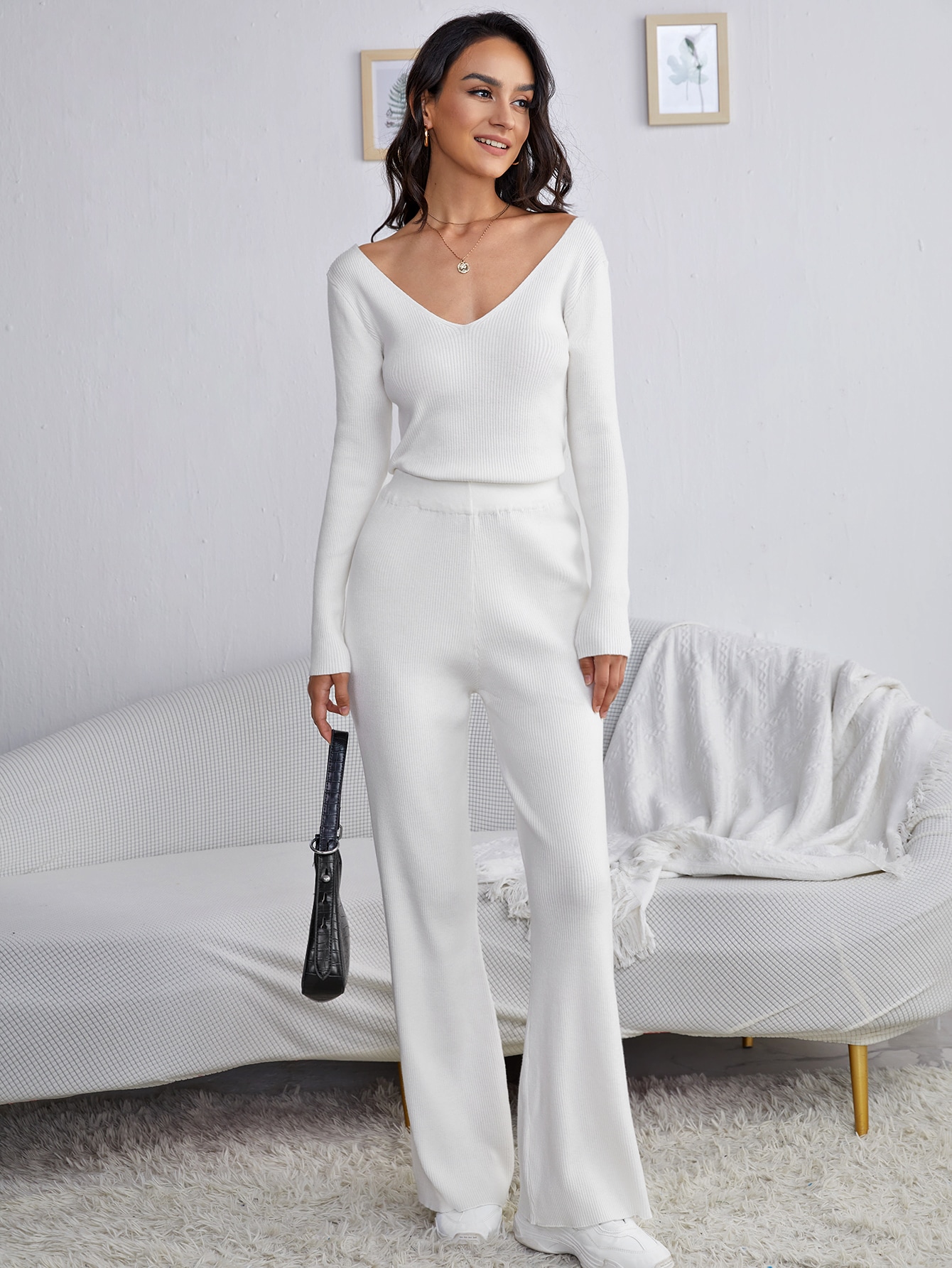 SHEIN Ribbed Knit Solid Scoop Neck Sweater & Pants Set | SHEIN USA