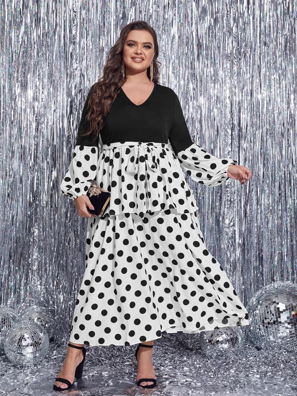 SHEIN Plus 1pc Polka Dot Lantern Sleeve Layered Hem Belted Dress ...
