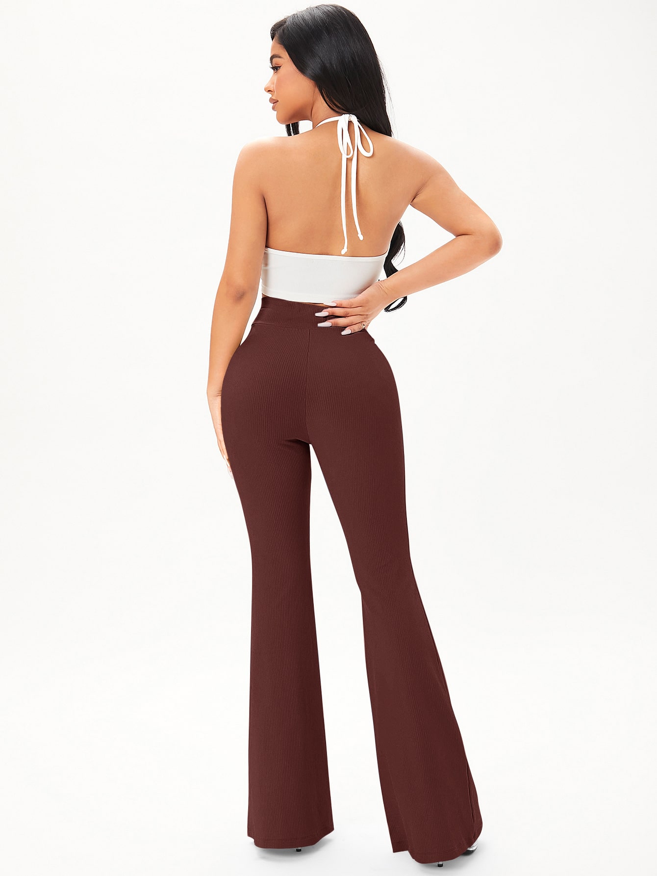 Shein Sxy Solid Rib Knit Flare Leg Trousers Shein Uk